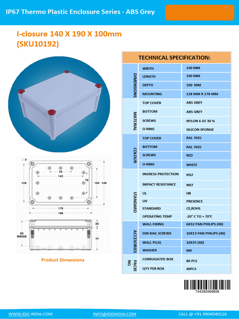 Datasheet 140 X 190 X 100 MM Abs Grey Sku10192 | PDF