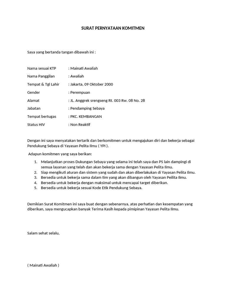 SURAT PERNYATAAN KOMITMEN - Awaliah | PDF