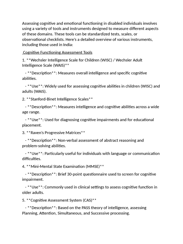 Assessing Cognitive and Emotional Functioning in Disabled | PDF ...