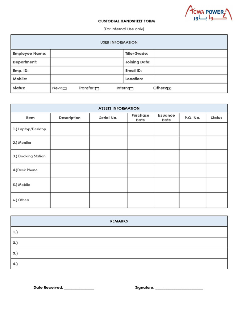 Custodial Handsheet for Employee Assets | PDF