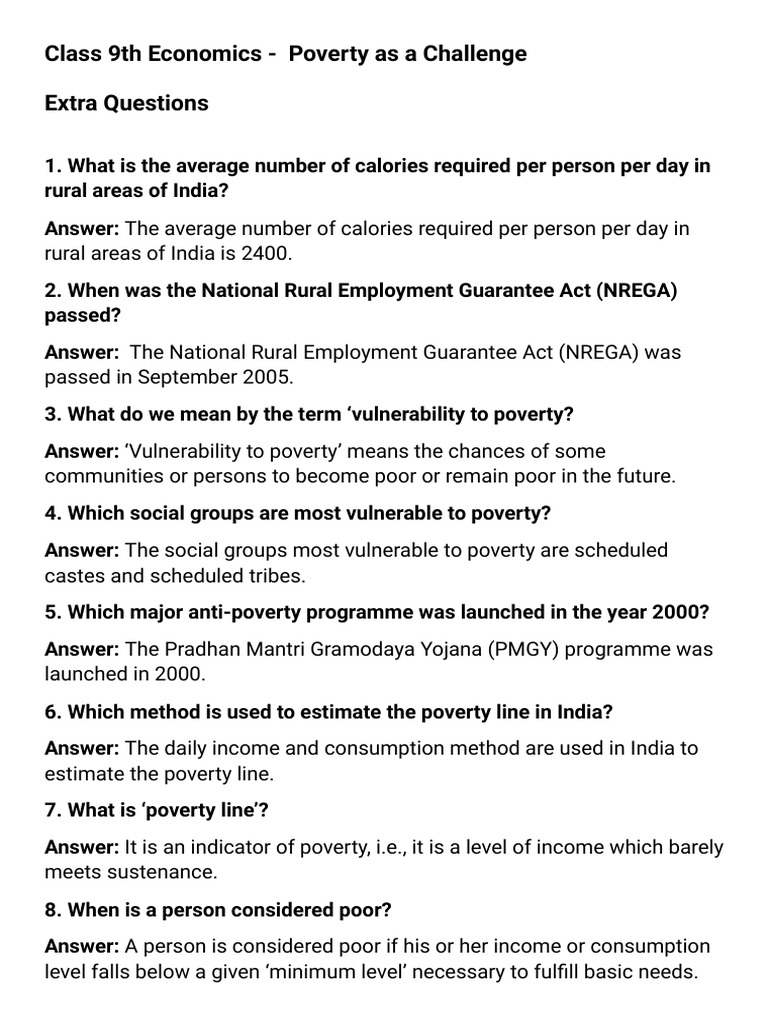 Class 9th Economics Poverty As Challenge - Extra Questions | PDF ...