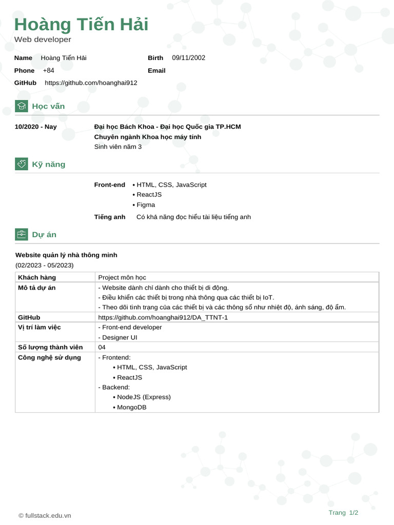 CV Hoang Tien Hai Internship | PDF