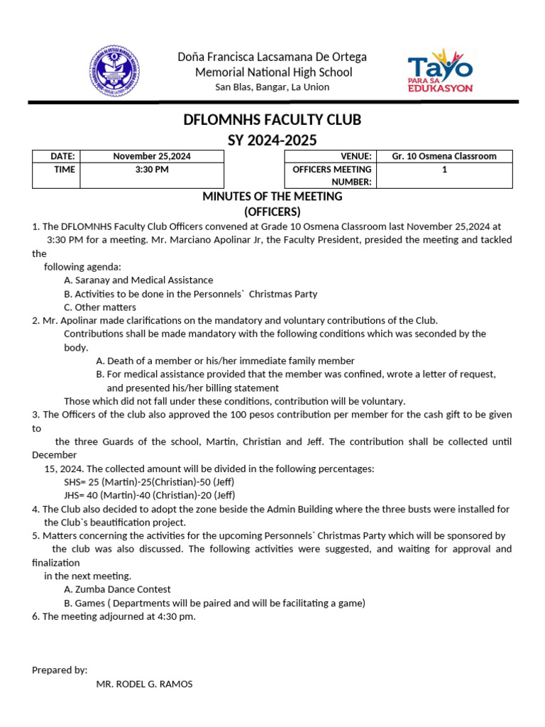 DFLOMNHS Faculty Club Officers Meeting | PDF