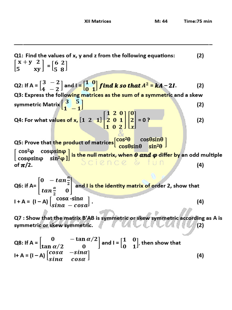 matrices test | PDF | Matrix (Mathematics) | Linear Algebra