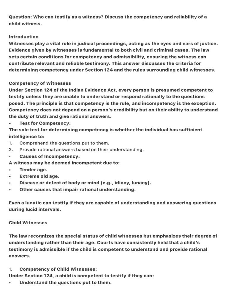 Question Who Can Testify As A Witness Discuss The Competency and | PDF ...