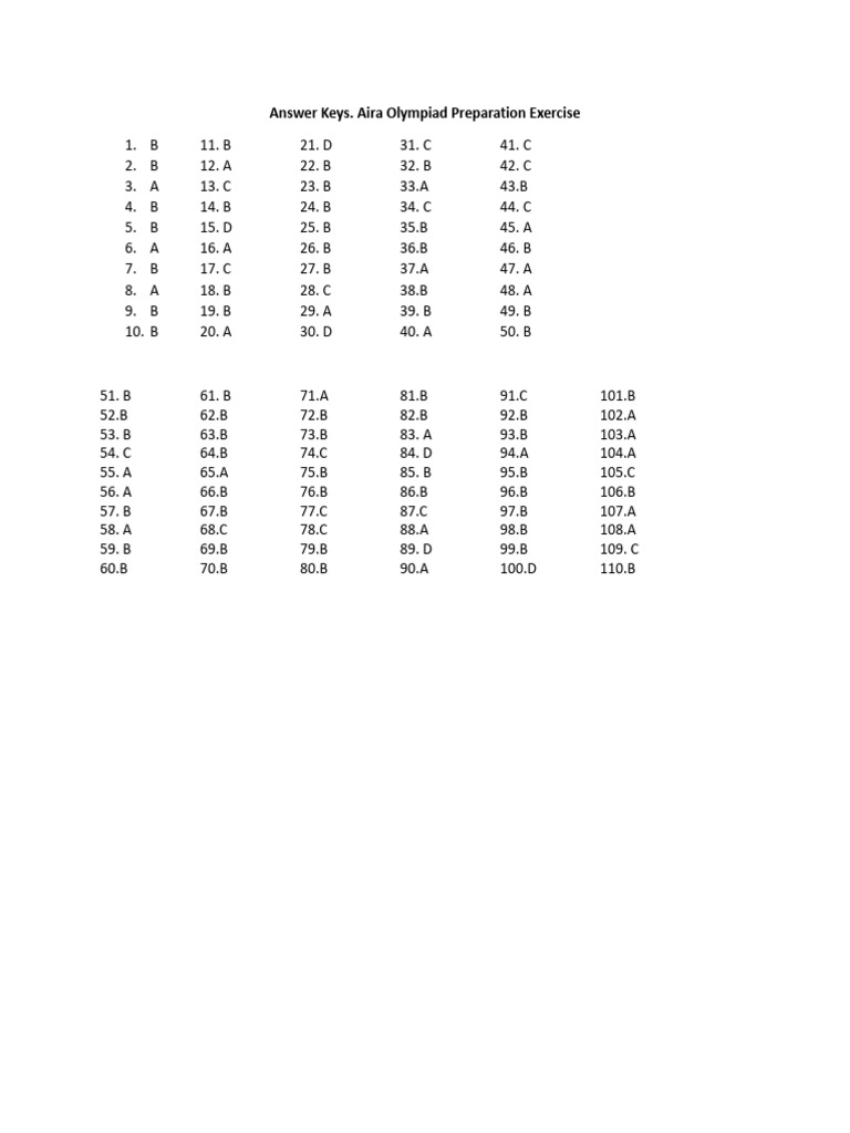 Answer Keys. Aira Olympiad Preparation Exercise | PDF