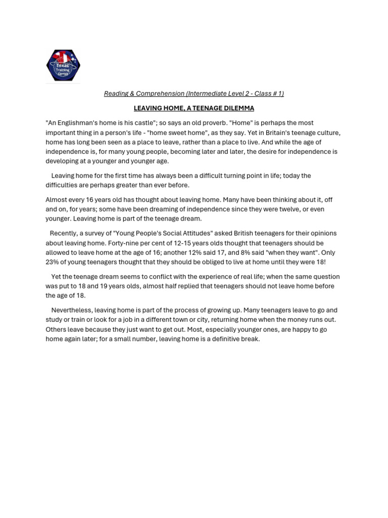 Intermediate Level 2 - Class # 1 (Reading & Comprehension) | PDF