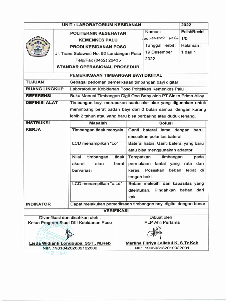 Sop Pemeriksaan Timbangan Bayi Digital | PDF