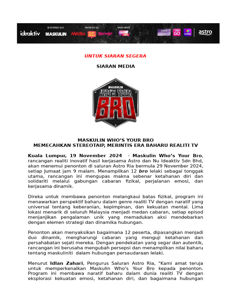 (Official Version) Kenyataan Media - Maskulin Who's Your Bro Memecahkan Stereotaip, Merintis Era ...