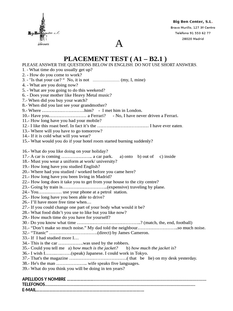 English Placement Test A1-B2.1 | PDF