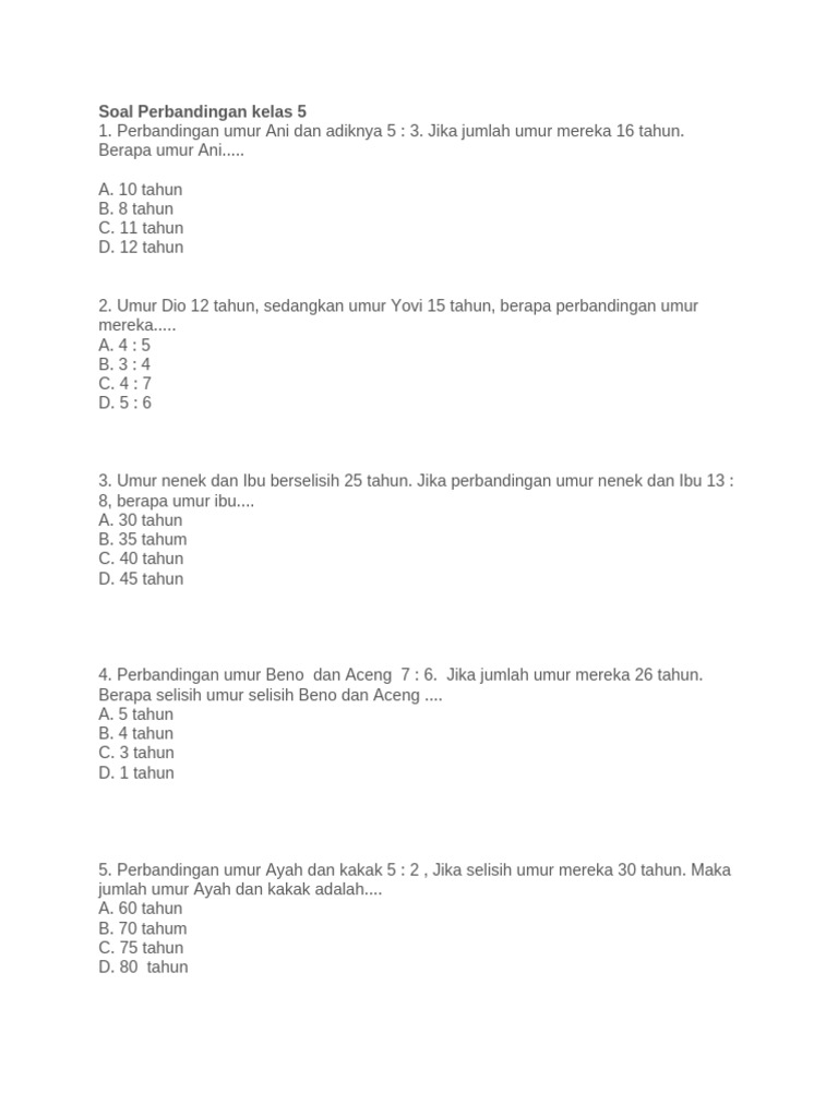 Soal Perbandingan Kelas 5 | PDF