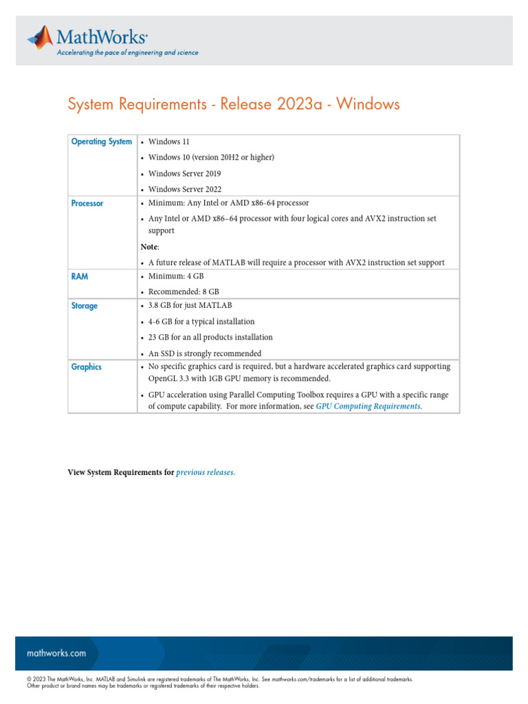 MATLAB 2023a System Requirements for Windows | PDF