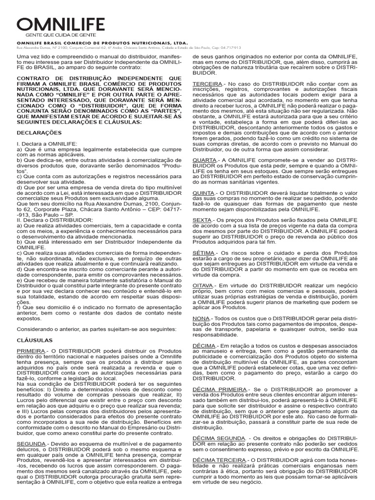 Contrato de Distribuição Omnilife Brasil | PDF | Business | Comunicação