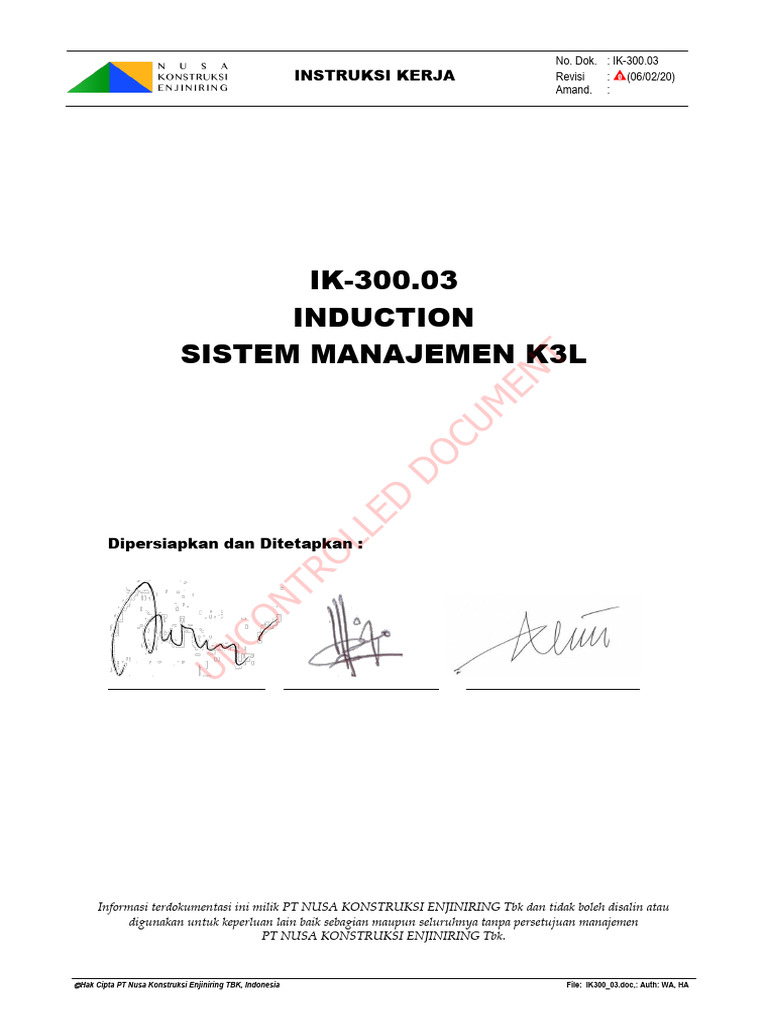 IK300 03 Instruksi Kerja Induction Sistem Manajemen K3L | PDF