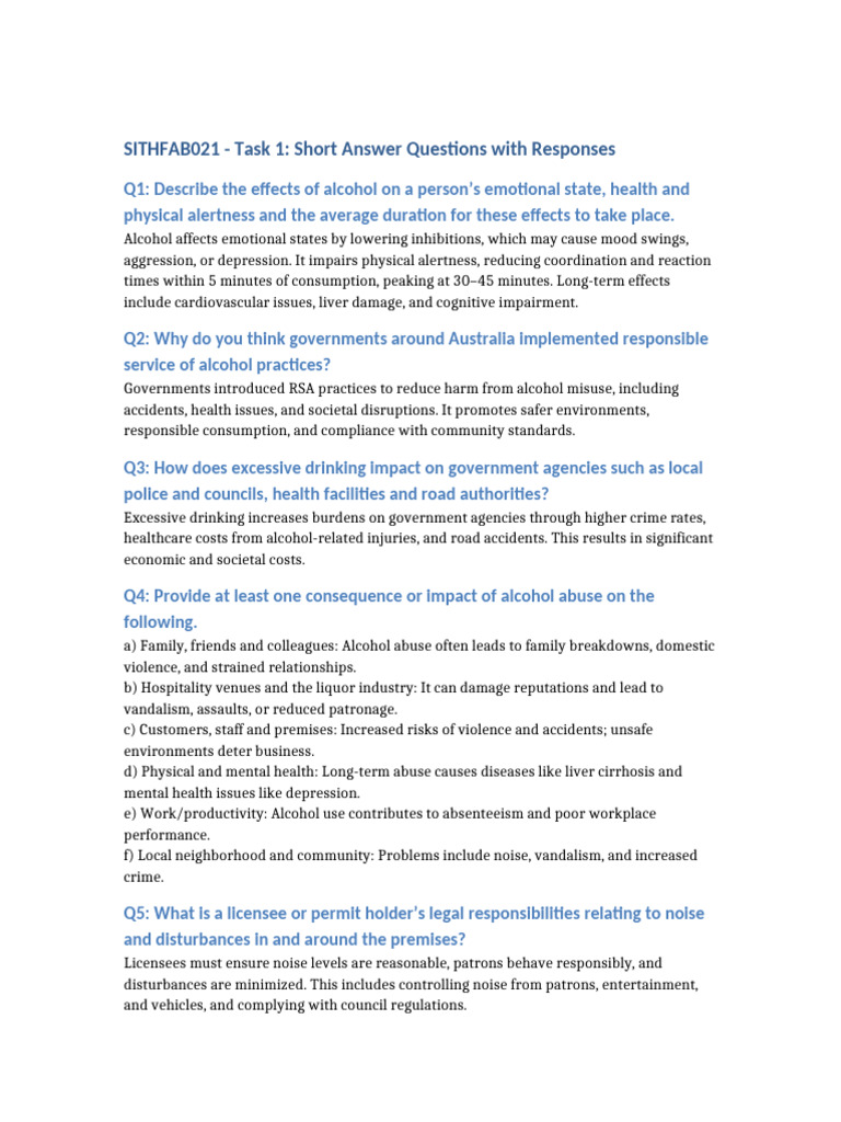 SITHFAB021 Task 1 Complete Answers Part 1 | PDF | Alcohol Abuse | Alcoholism