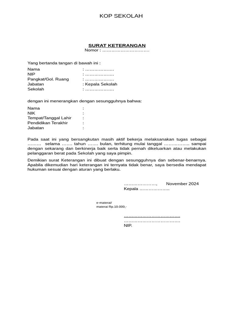 Surat Keterangan Kepsek | PDF