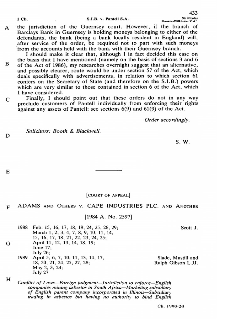 Adams V Cape Industries (1990) | PDF