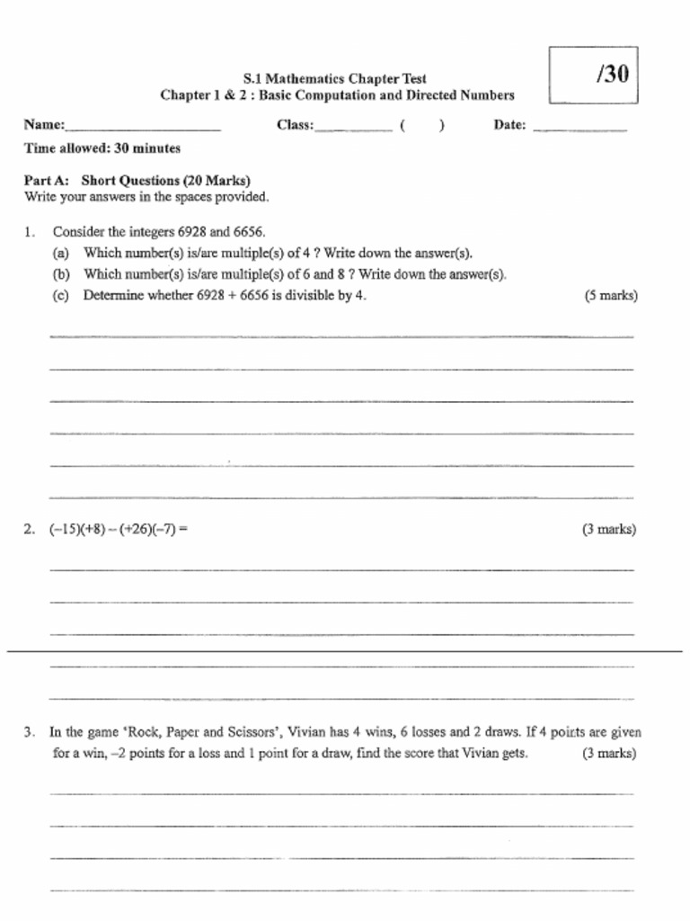 S1 Maths Quiz & Ans | PDF
