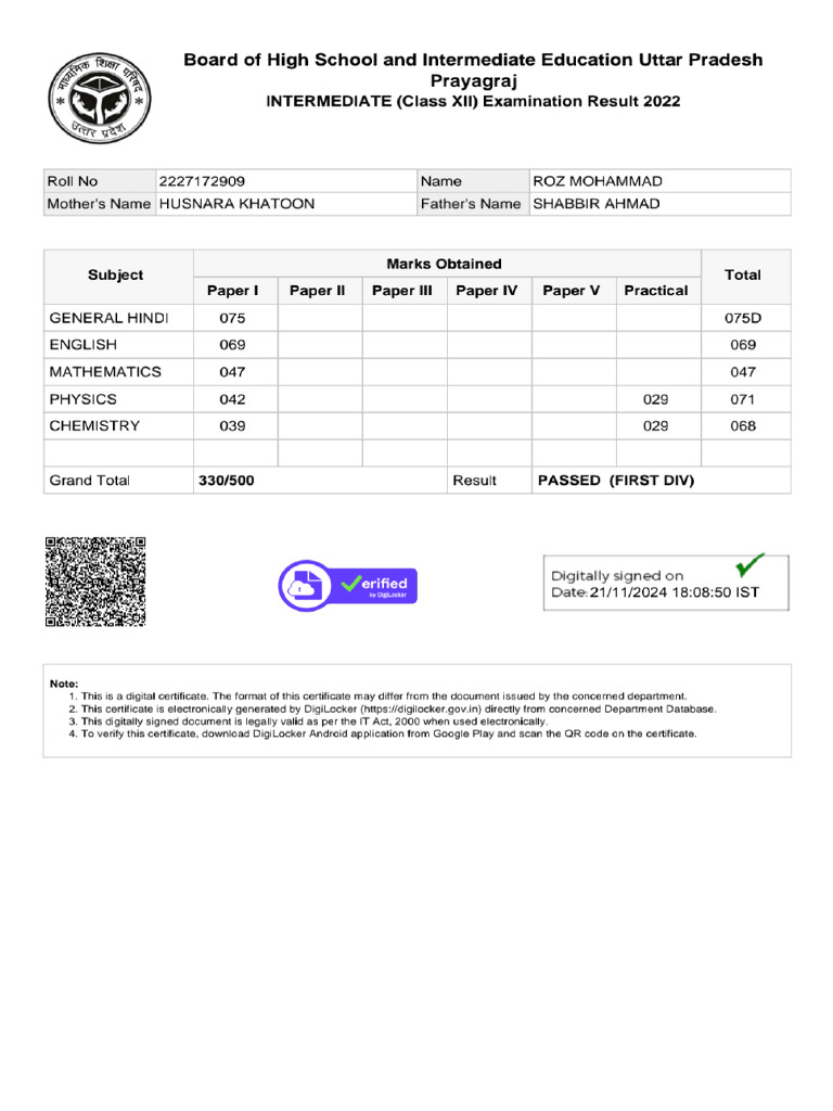Class 12 Marksheet | PDF