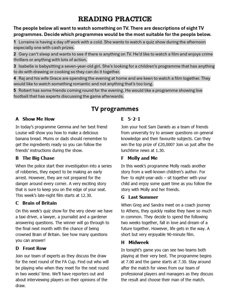 READING PRACTICE - TV Show | PDF