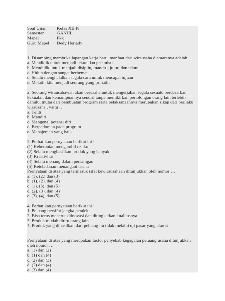 Soal Ujian PKK KELAS XII Semester Genap 2024 | PDF