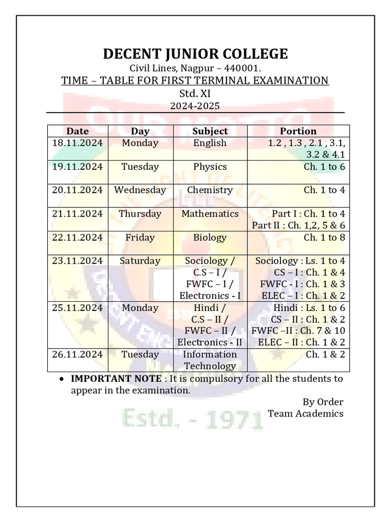 First Term Time Table For Std. Xi | PDF