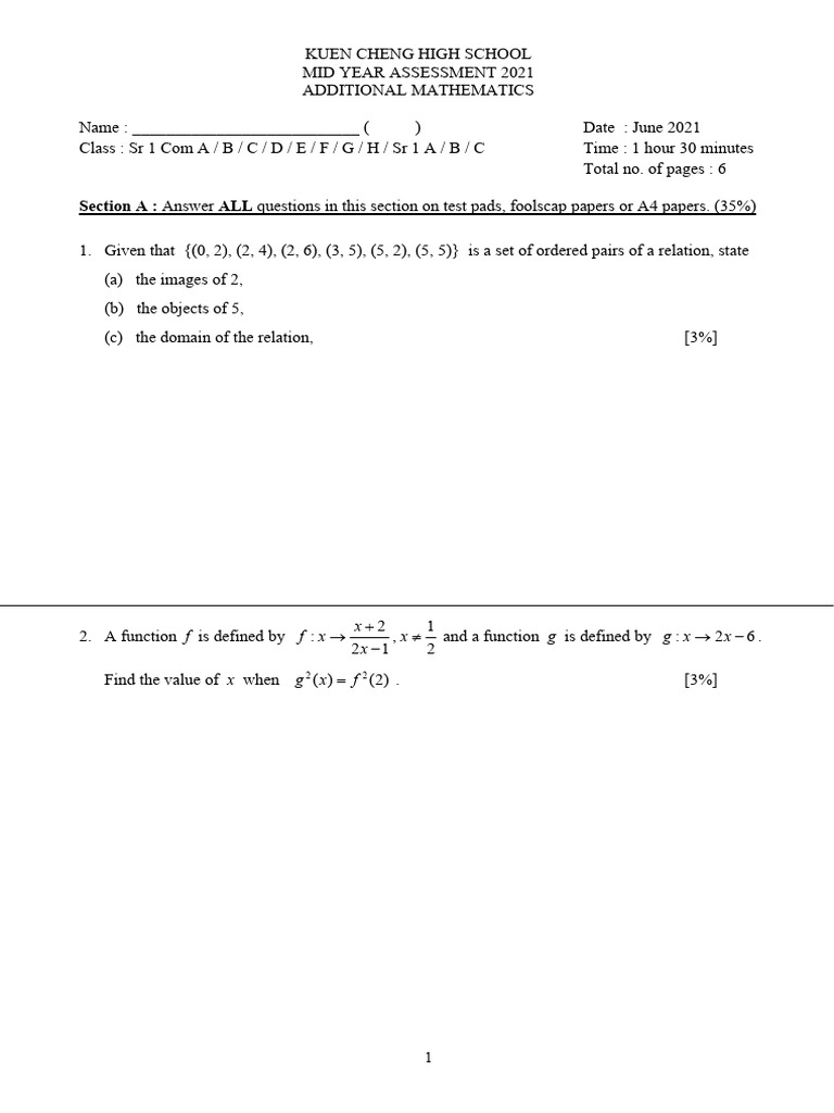2021年6月线上评测 - SR 1 Add Maths | PDF | Function (Mathematics) | Mathematics