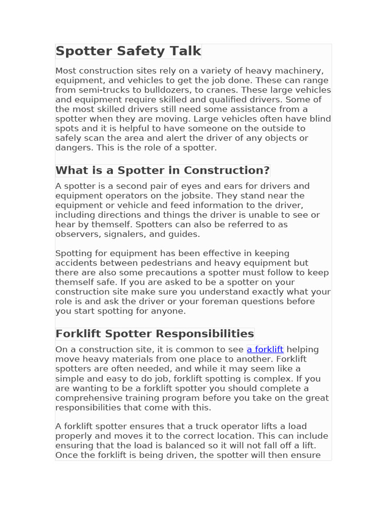 Spotter Safety Talk | PDF | Forklift | Heavy Equipment