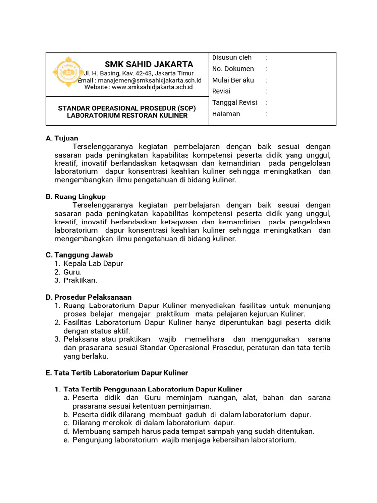 Sop Lab Restoran Kuliner | PDF