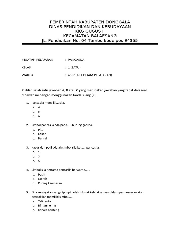 Soal MATA PELAJARAN PANCASILA KELAS 1 | PDF