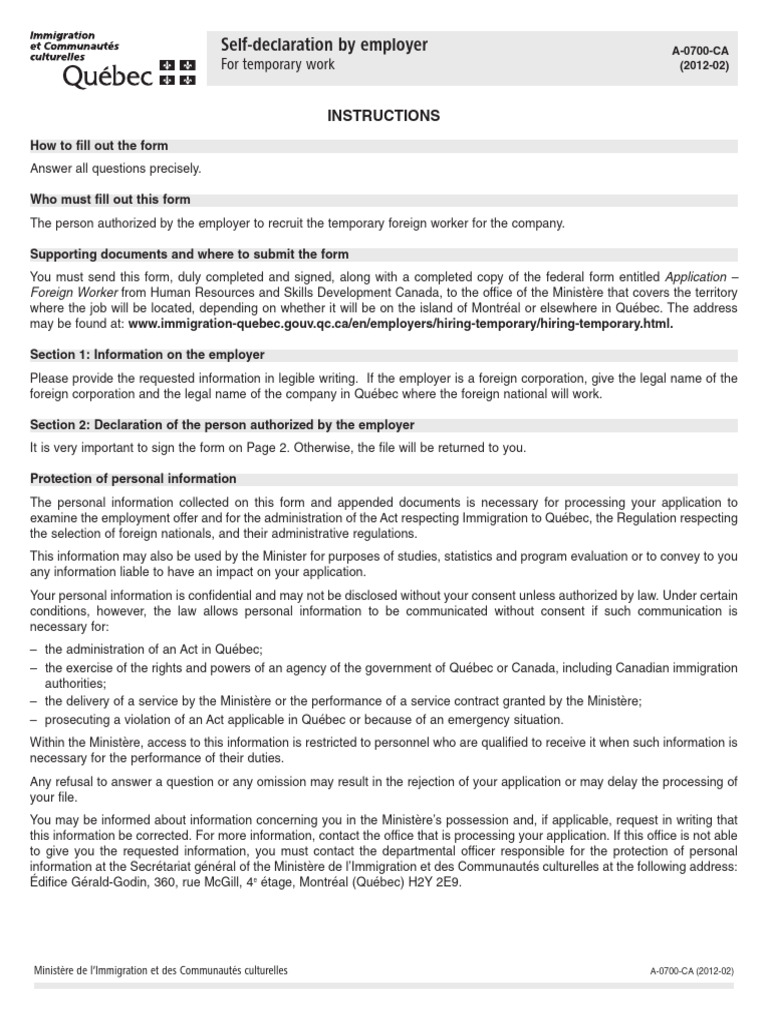 Self-Declaration by Employer - Immigration-QuÃ©bec | PDF | Employment ...