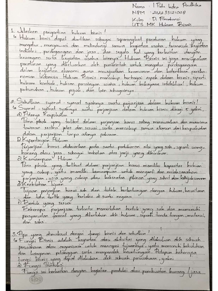 008 - I Putu Indra Andhika UTS MK Hukum Bisnis | PDF