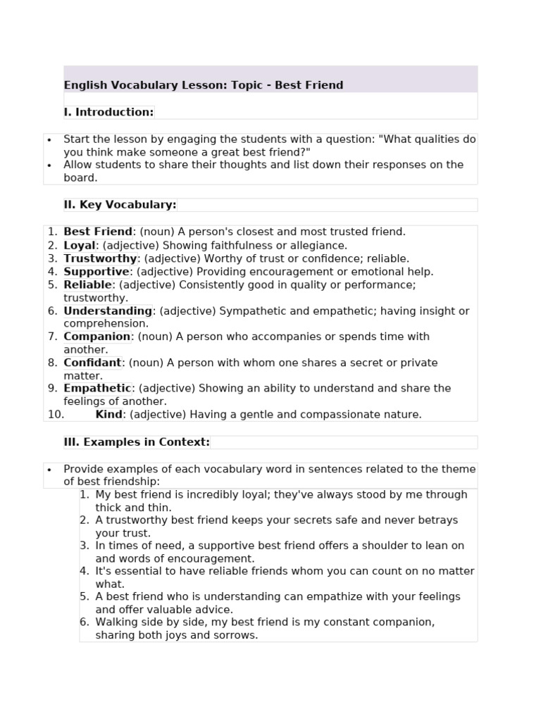 Vocabulary Lesson: Best Friend Qualities | PDF | Alchemy ...