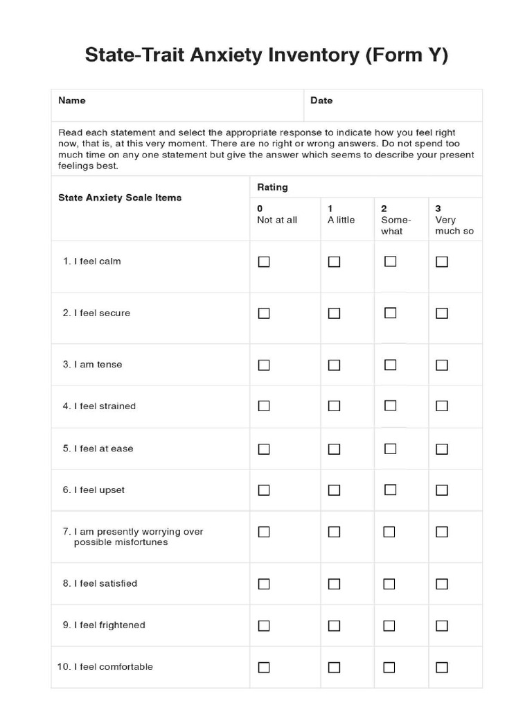 State-Trait Anxiety Inventory (Form Y) Blank | PDF