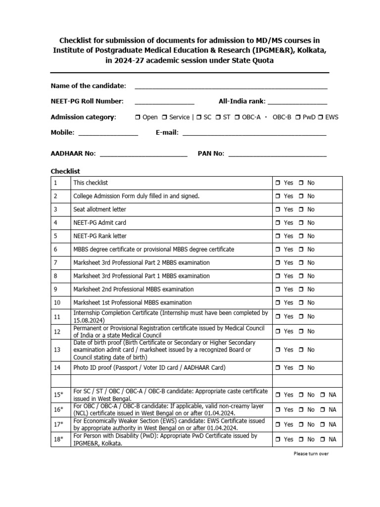 PG Admission 2024 WB Checklist | PDF | Educational Stages