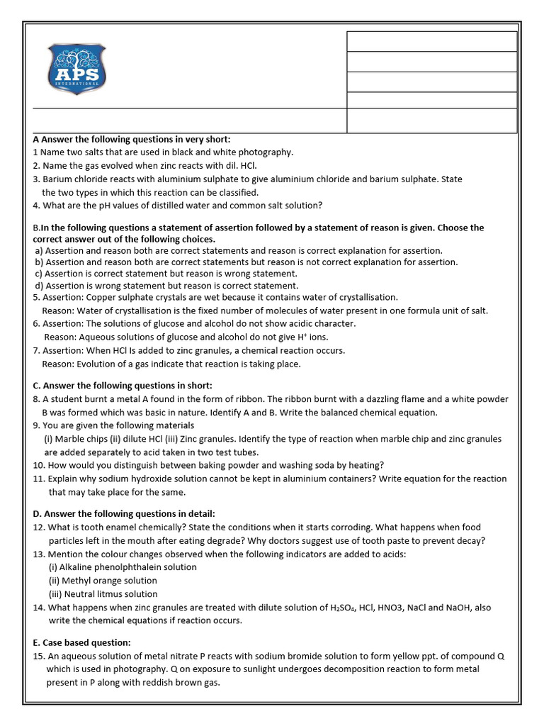 Grade 10 Chemistry Half Yearly Revision Ws Sushma | PDF | Sodium Hydroxide | Chemical Reactions