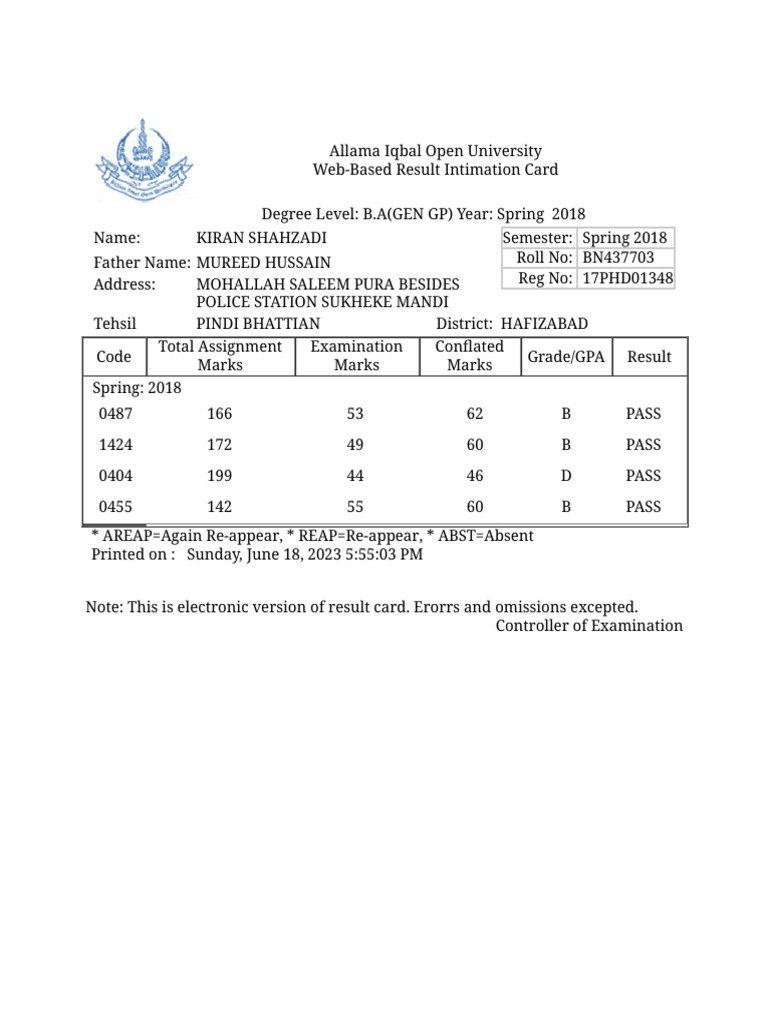 AIOU Online Web-Based Result | PDF