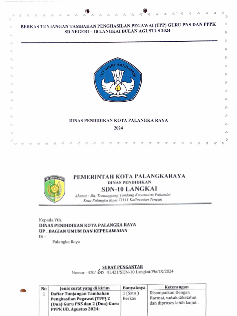 Berkas TPPD PNS & P3K SDN 10 Langkai Bulan Agustus 2024 | PDF