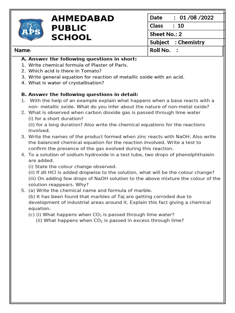 Class 10 Chemisty CH 2 Worksheet | PDF