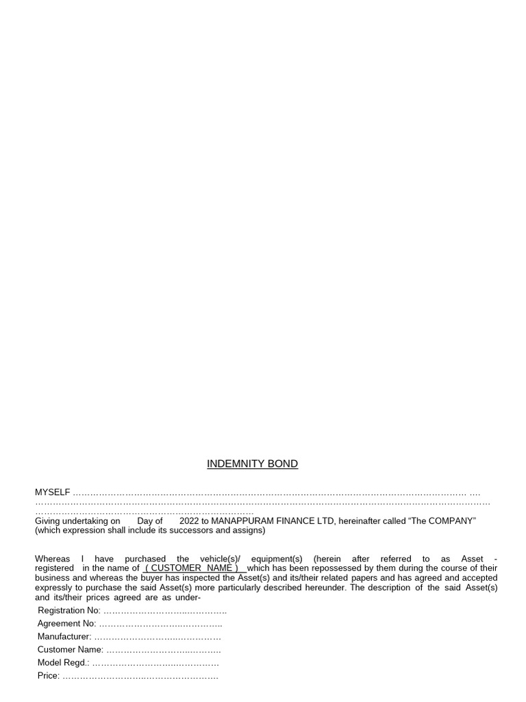 Vehicle Indemnity Bond Agreement | PDF | Taxes | Expense