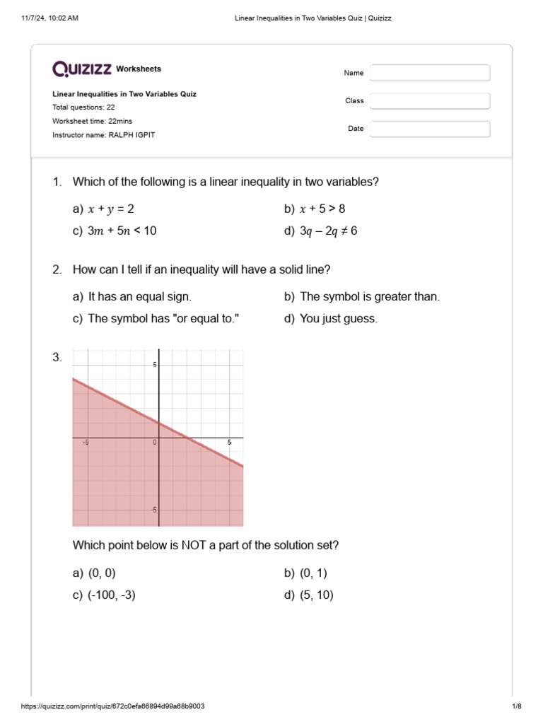 Linear Inequalities Quiz Worksheet | PDF | Inequality (Mathematics ...