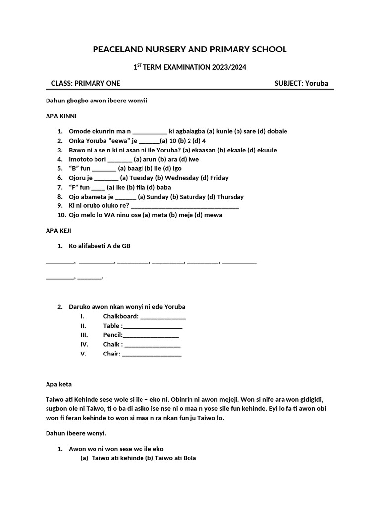 Yoruba Exam Questions for Primary 1 | PDF