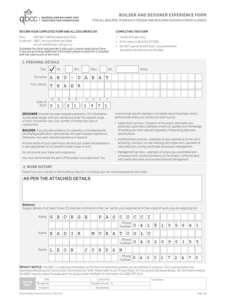 QBCC Builder and Designer Experience Form | PDF | Specification ...