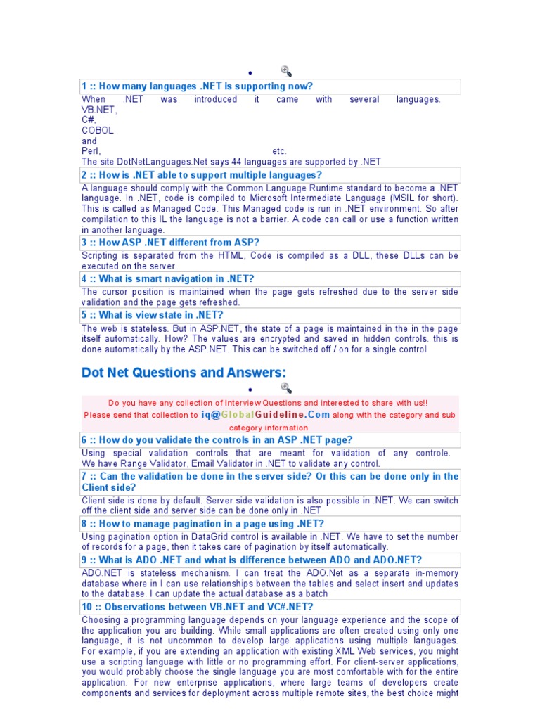 Dot Net Questions And Answers Pdf Component Object Model C Sharp