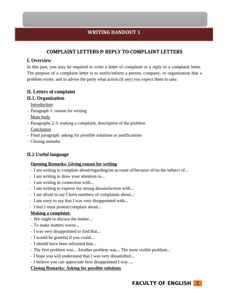 Writing - Handout 1 - Complaint Letters | PDF