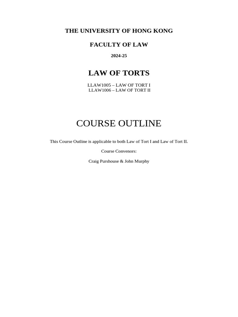 Tort Law Course Outline | PDF | Tort | Causation (Law)