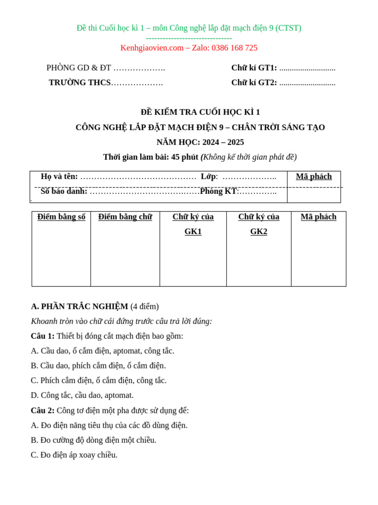 De So 1 chk1 CN Lap Dat Mach Dien 9 CTST | PDF