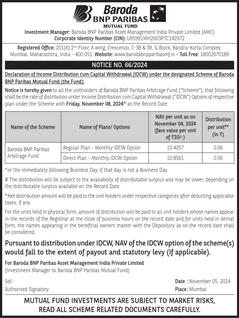 Declaration of IDCW in Scheme of BBNPP Mutual Fund 9514 | PDF | Mutual Funds | Investing