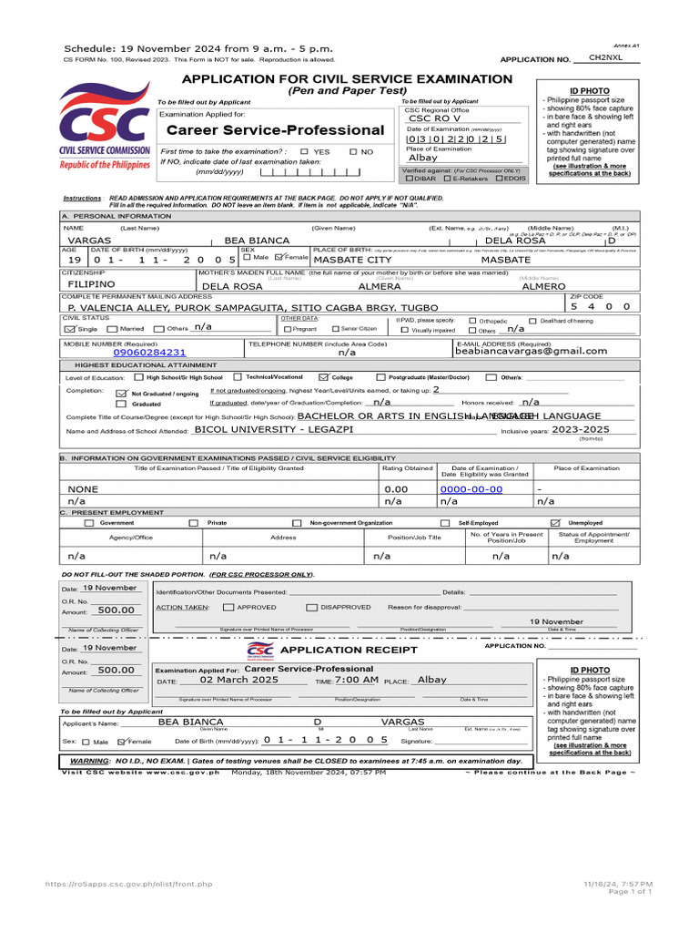 CSC RO5 Online Exam Application Form 2 | PDF