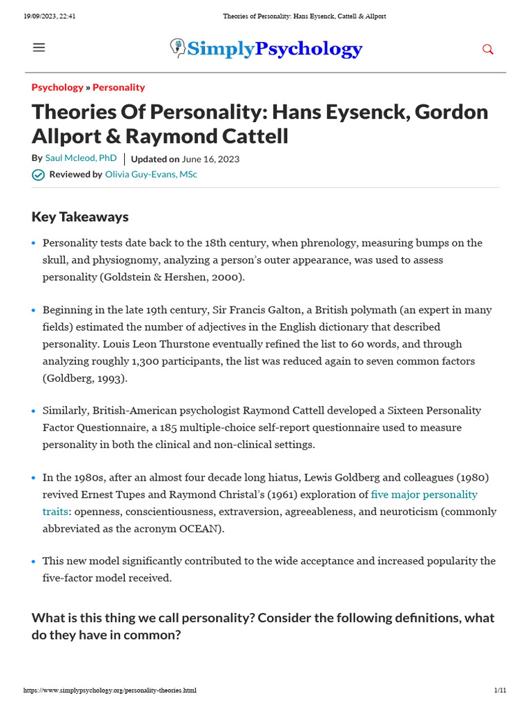 Theories of Personality - Hans Eysenck, Cattell & Allport | PDF ...